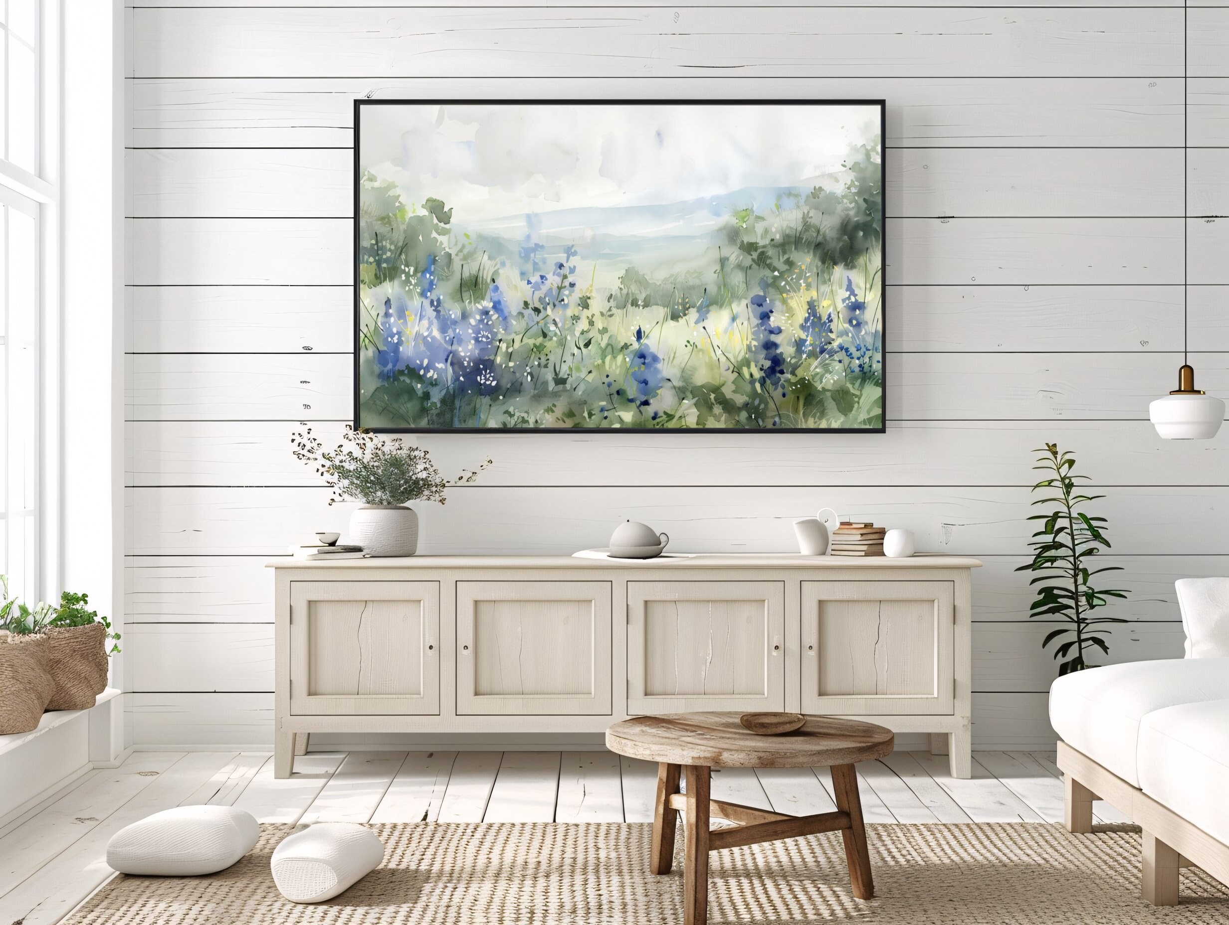 Frame TV Art Watercolor Landscape With Wildflowers Soft Grey and Blue ...