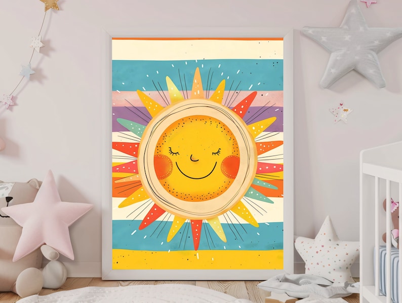 Printable Cute Smiling Sun Art With Rainbow Stripes Background - Etsy