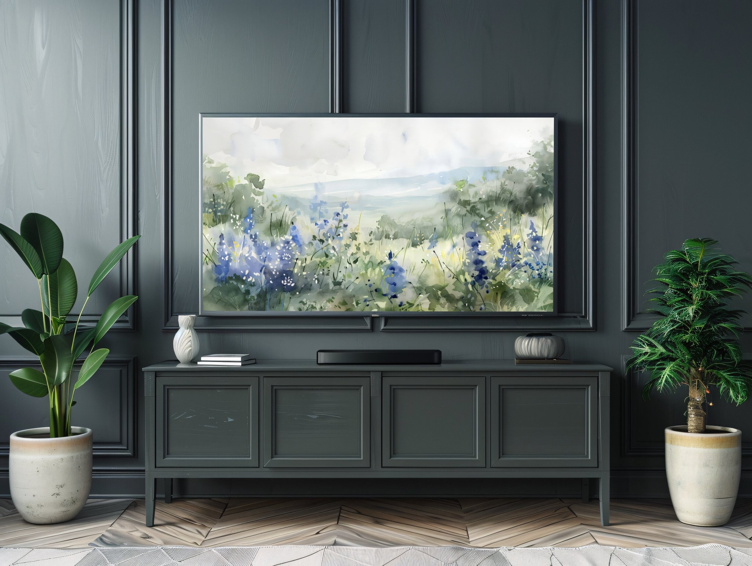 Frame TV Art Watercolor Landscape With Wildflowers Soft Grey and Blue ...