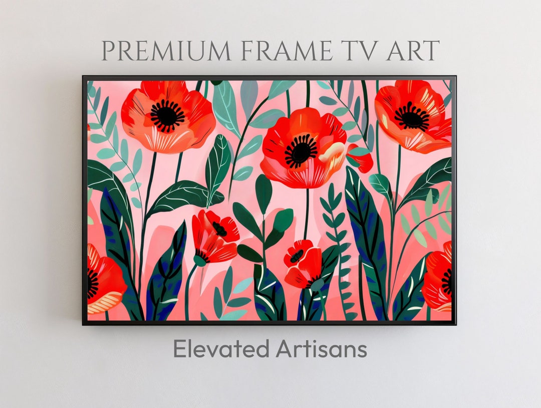 Frame TV Art: Red Poppies Marimekko Style, Pink Background, Green ...