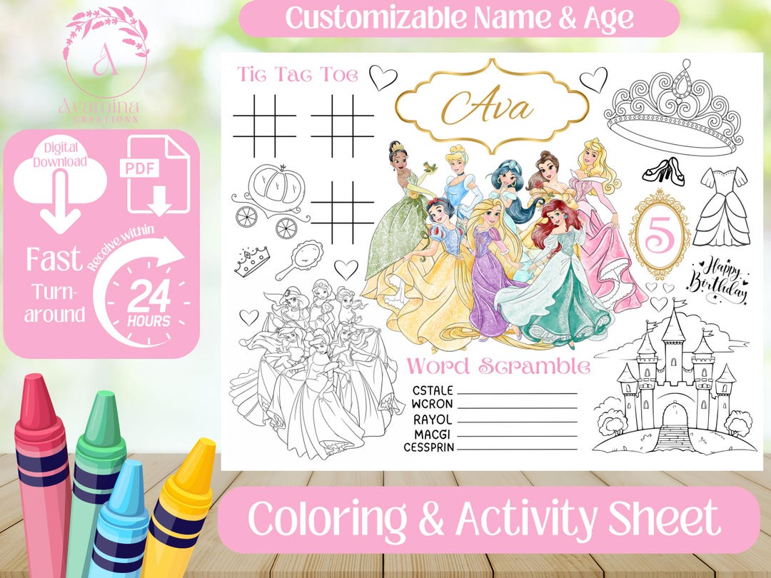 Princess - Coloring/activity Page- Princess Party Favor- Princess ...