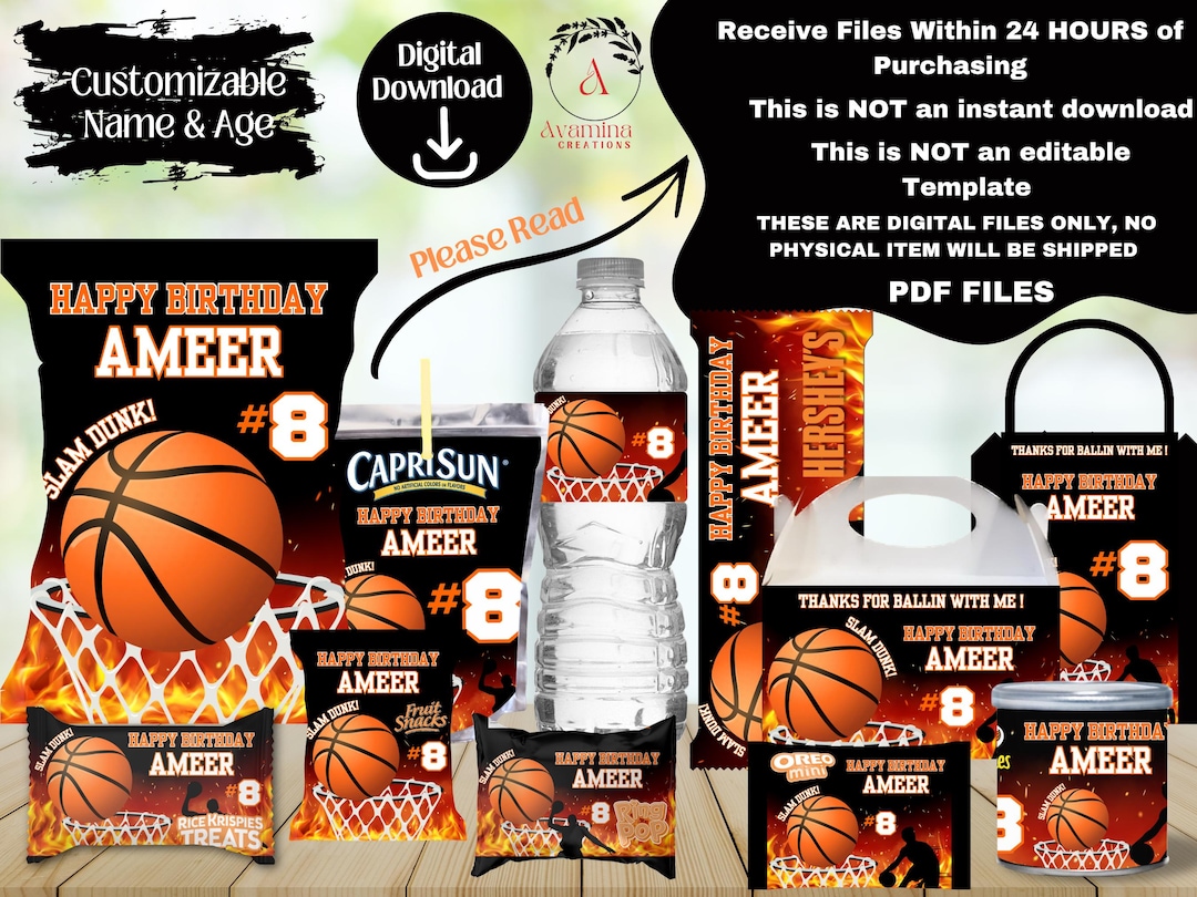 Basketball Party Favor Labels - Basketball Chip Bag -juice- Slam Dunk ...