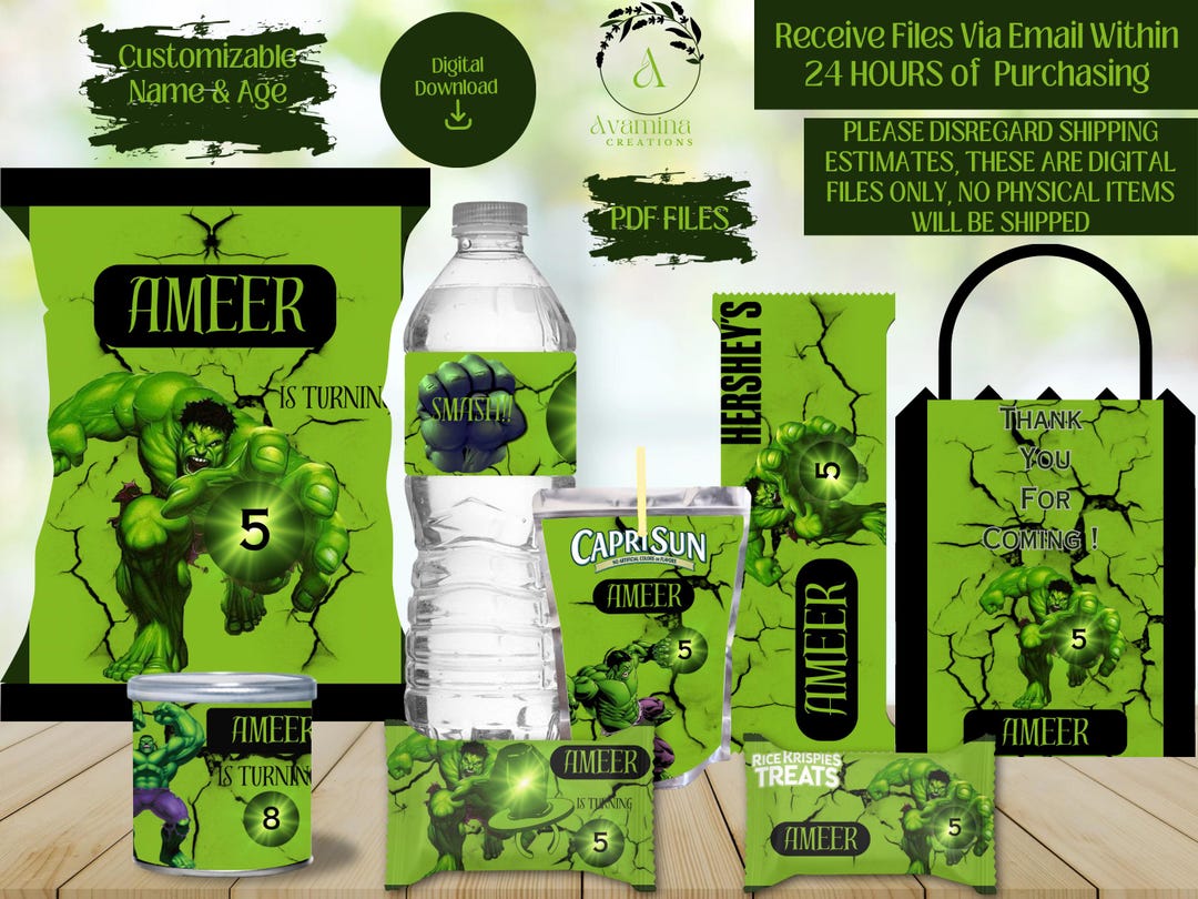 Superhero - Hulk - Party Labels - Chip Bag - Water Bottle - Candy Ring ...