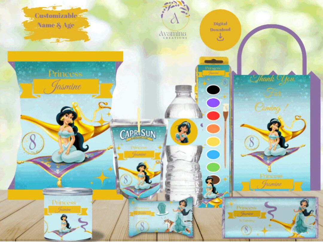 Princess Jasmine Party Labels Chip Bag Water Bottle Candy Ring Juice ...