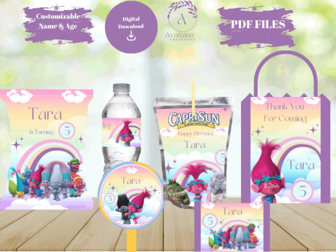 Trolls Party Labels Kids Birthday Trolls Birthday Party Favor Labels ...