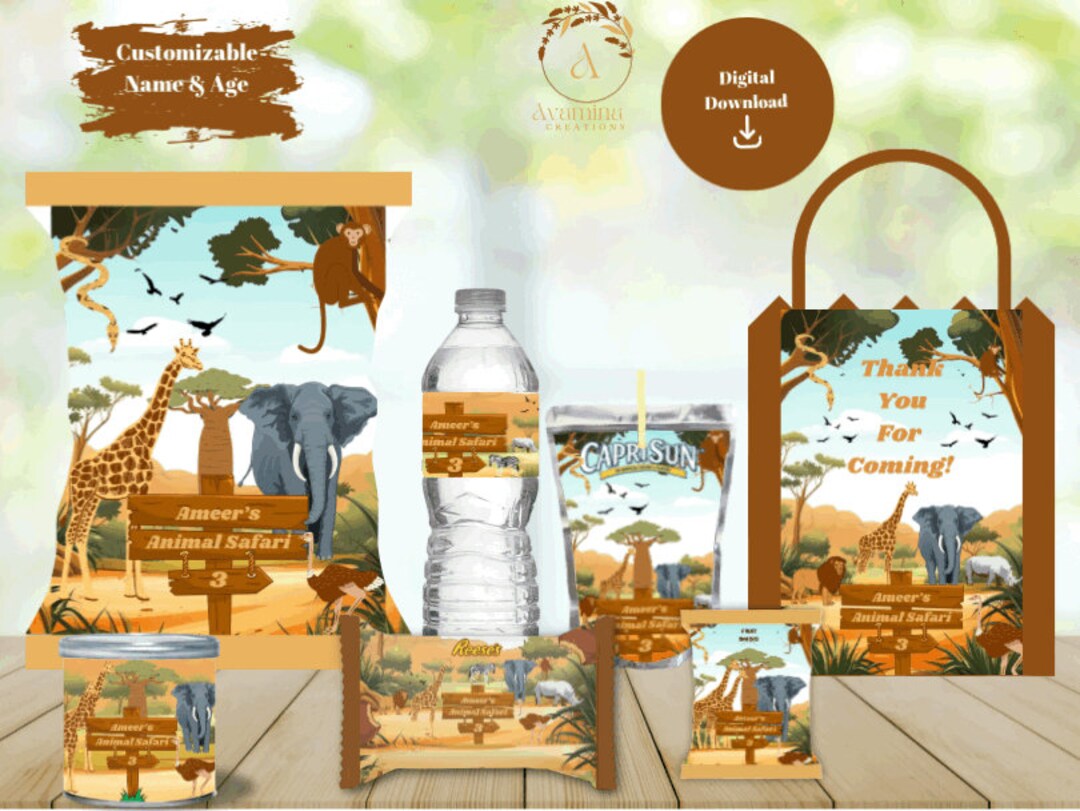 Animal Safari Party Labels Chip Bag Water Bottle Peanut Butter Cups ...