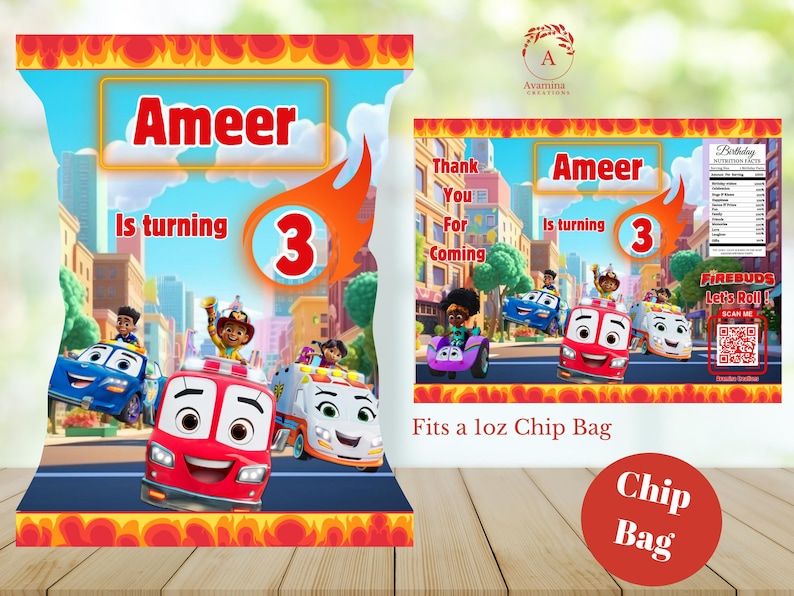 Firefighter Party Labels - 5 Pack- Birthday- Firebuds - Chip Bag ...
