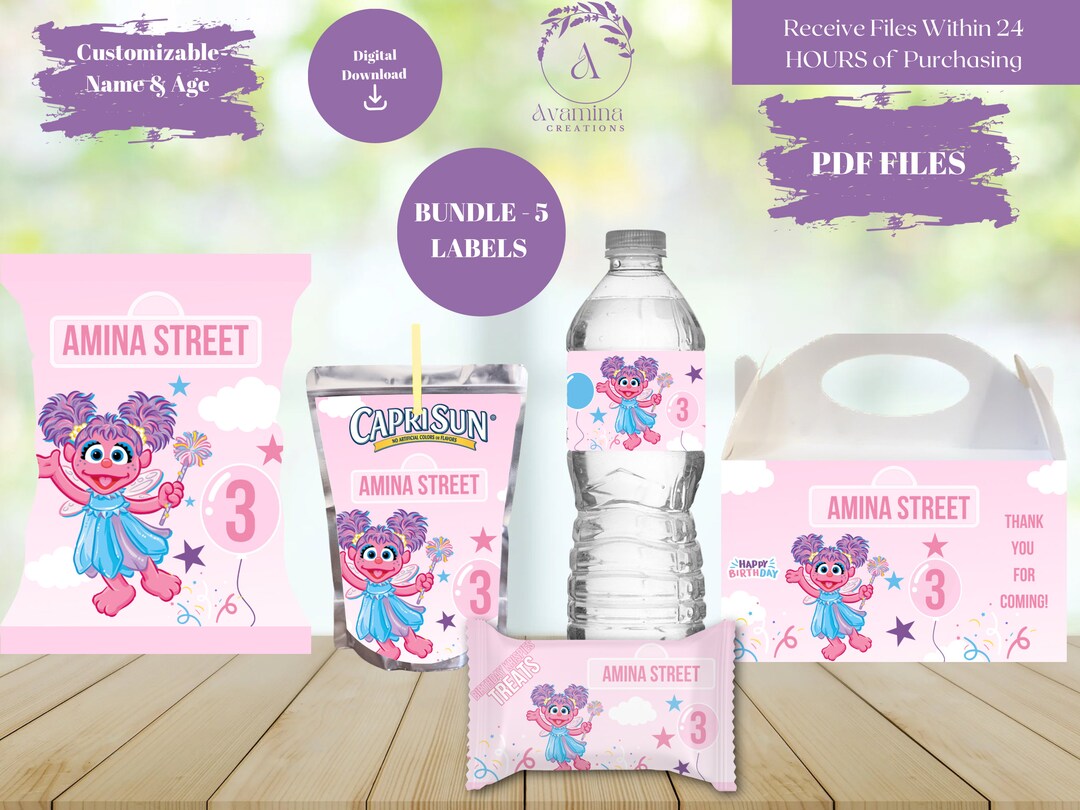 Girl Street Party Favor Labels 5 Pack Birthday Abby Chips Water Juice ...