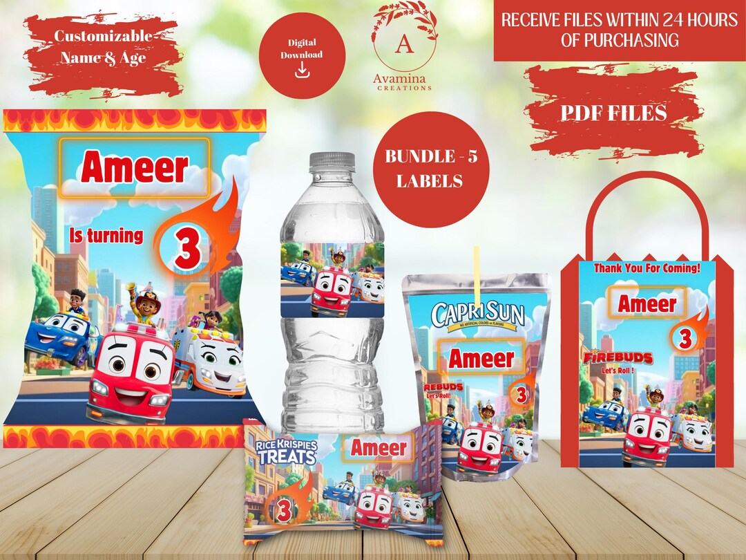 Firefighter Party Labels 5 Pack Birthday Firebuds Chip Bag Water Bottle ...