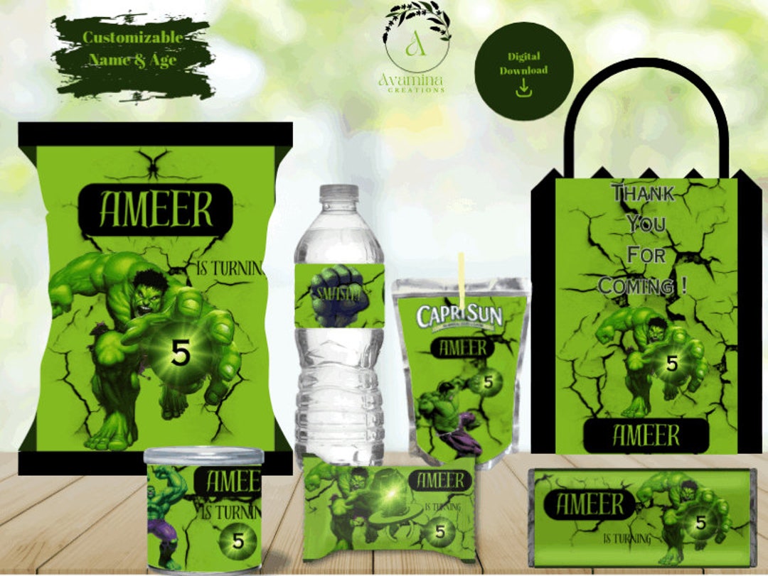 Superhero Hulk Party Labels Chip Bag Water Bottle Candy Ring Juice ...