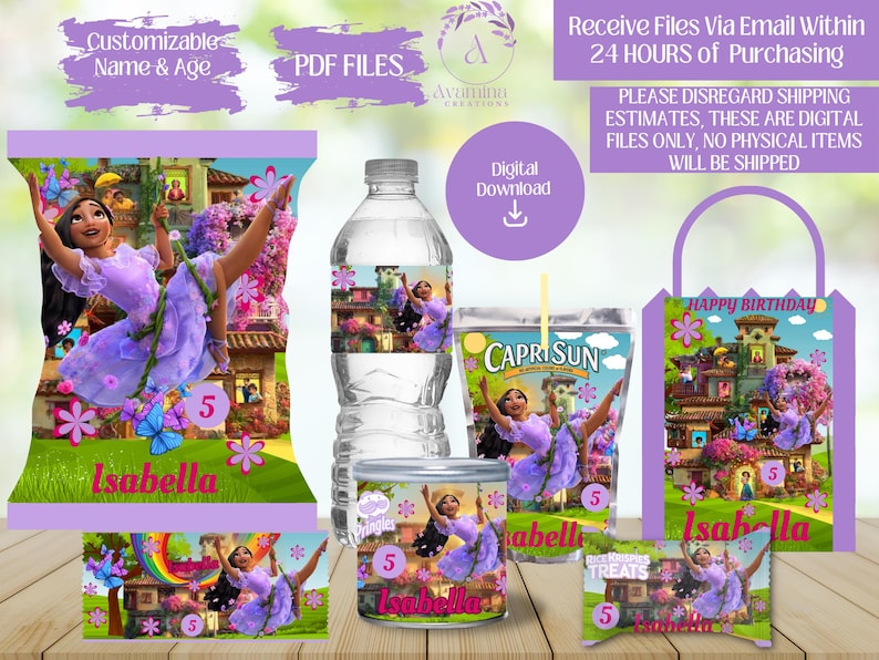 Isabella - Party Labels - Flowers- Chip Bag - Water Bottle - Rice Treat ...