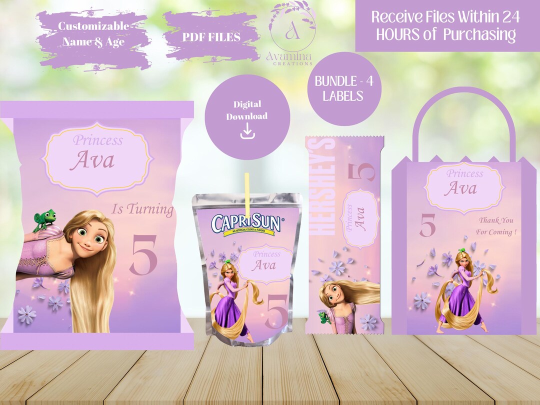 Princess - Party Labels - 4 Pack- Girl Birthday- Princess - Rapunzel ...