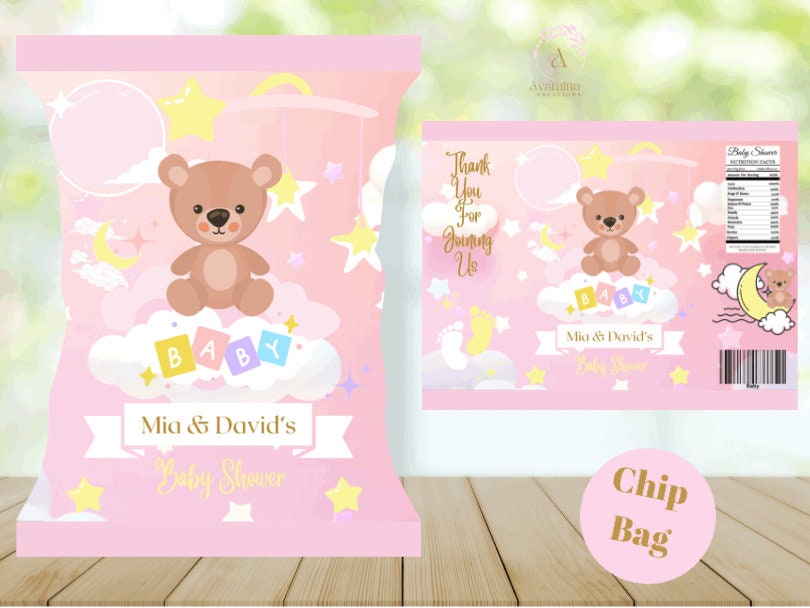 Baby Bear Girl Baby Shower Labels Chip Bag Water Bottle Candy Bar Baby ...