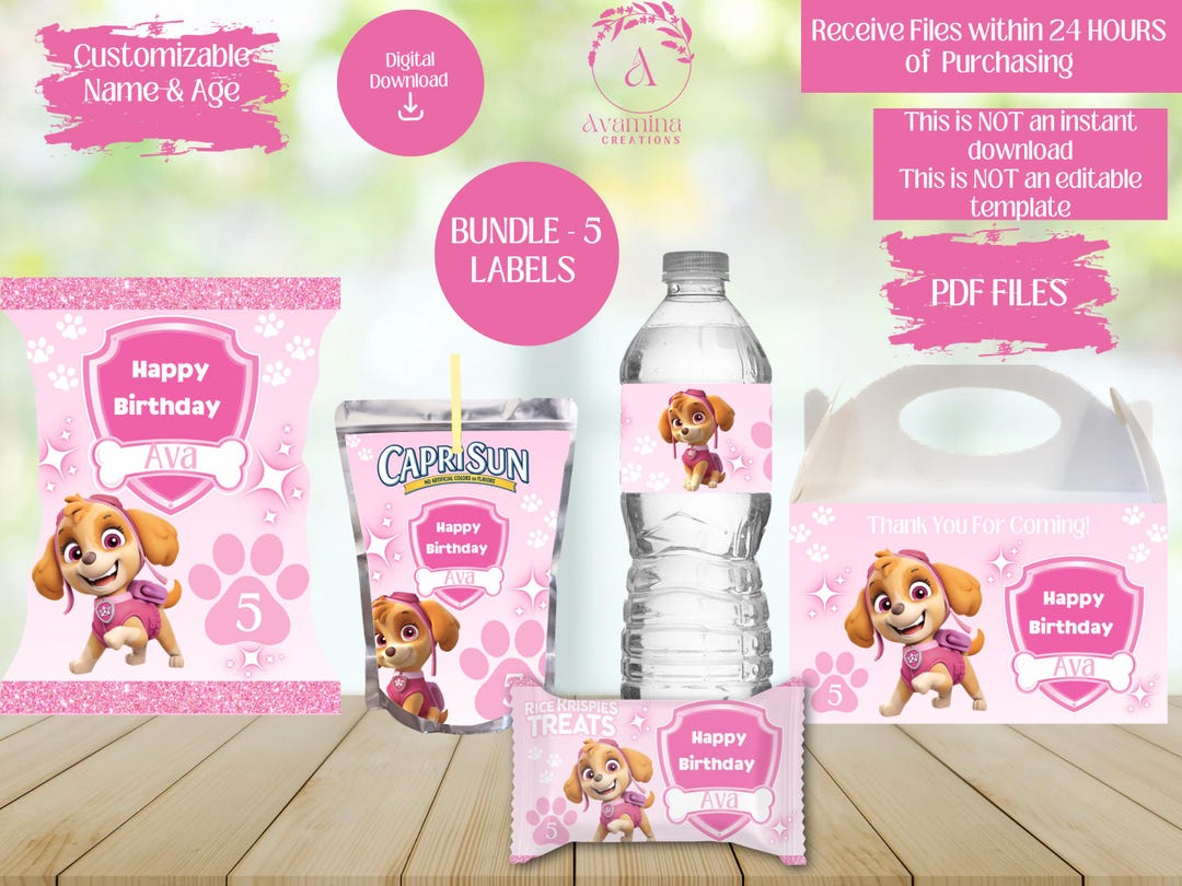 Pink Puppy Dog Favor Labels - 5 Pack- Birthday- Pink - Chips - Water ...