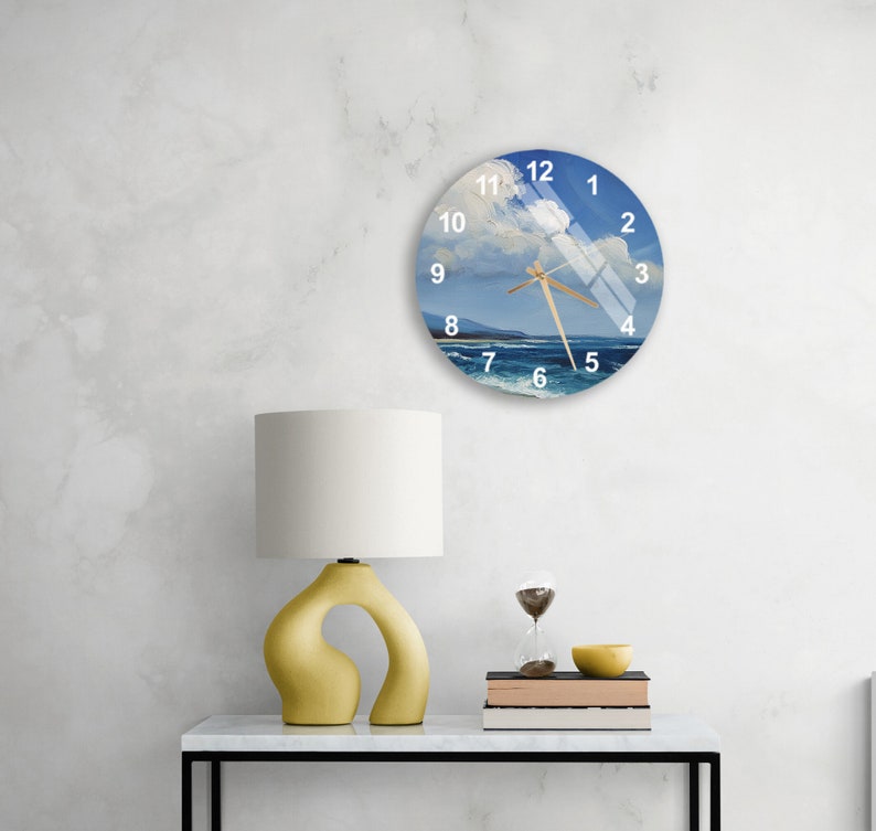 Blue Sky White Clouds Glass Wall Clock Wall Art, Waves and Sea Unique ...