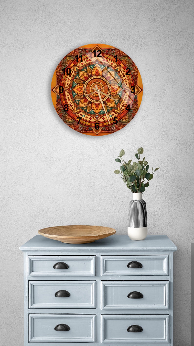 Boho Glass Wall Clock Wall Art, Mandala Tempered Glass Wall Clock, Warm ...