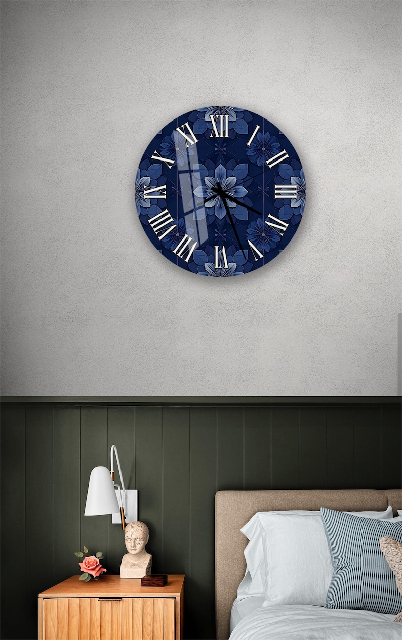 Navy Blue Floral Tempered Glass Wall Clock Modern Indigo Flower Art ...