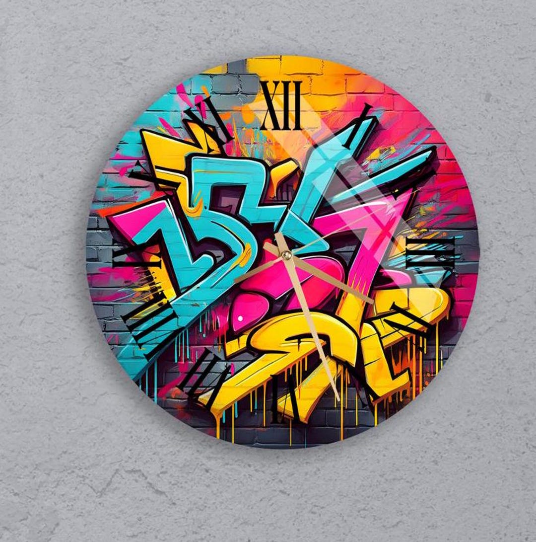 Graffiti Street Art Glass Wall Clock Decor, Cool Gift Idea, Modern ...