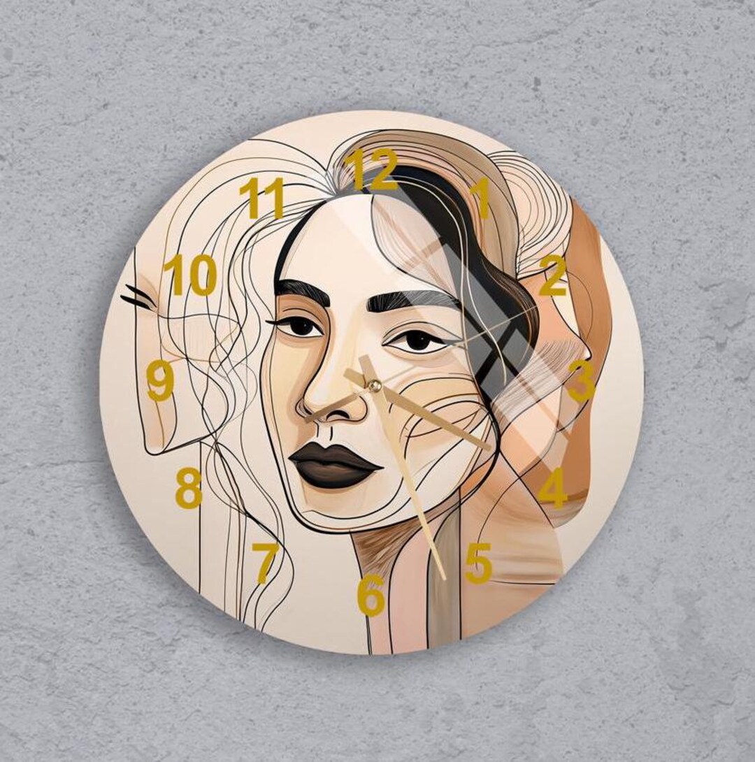 Abstract Line Art Woman Face Glass Wall Clock, Modern Unique Design ...