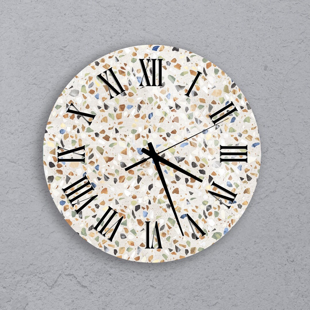 Terrazzo Wall Clock, Modern Beige Stone Pattern, Tempered Glass Roman ...