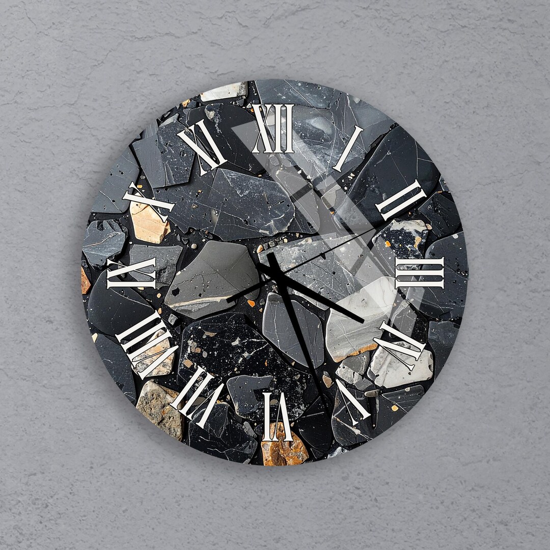 Black Marble Wall Clock, Modern Industrial Stone Decor, Large Tempered ...