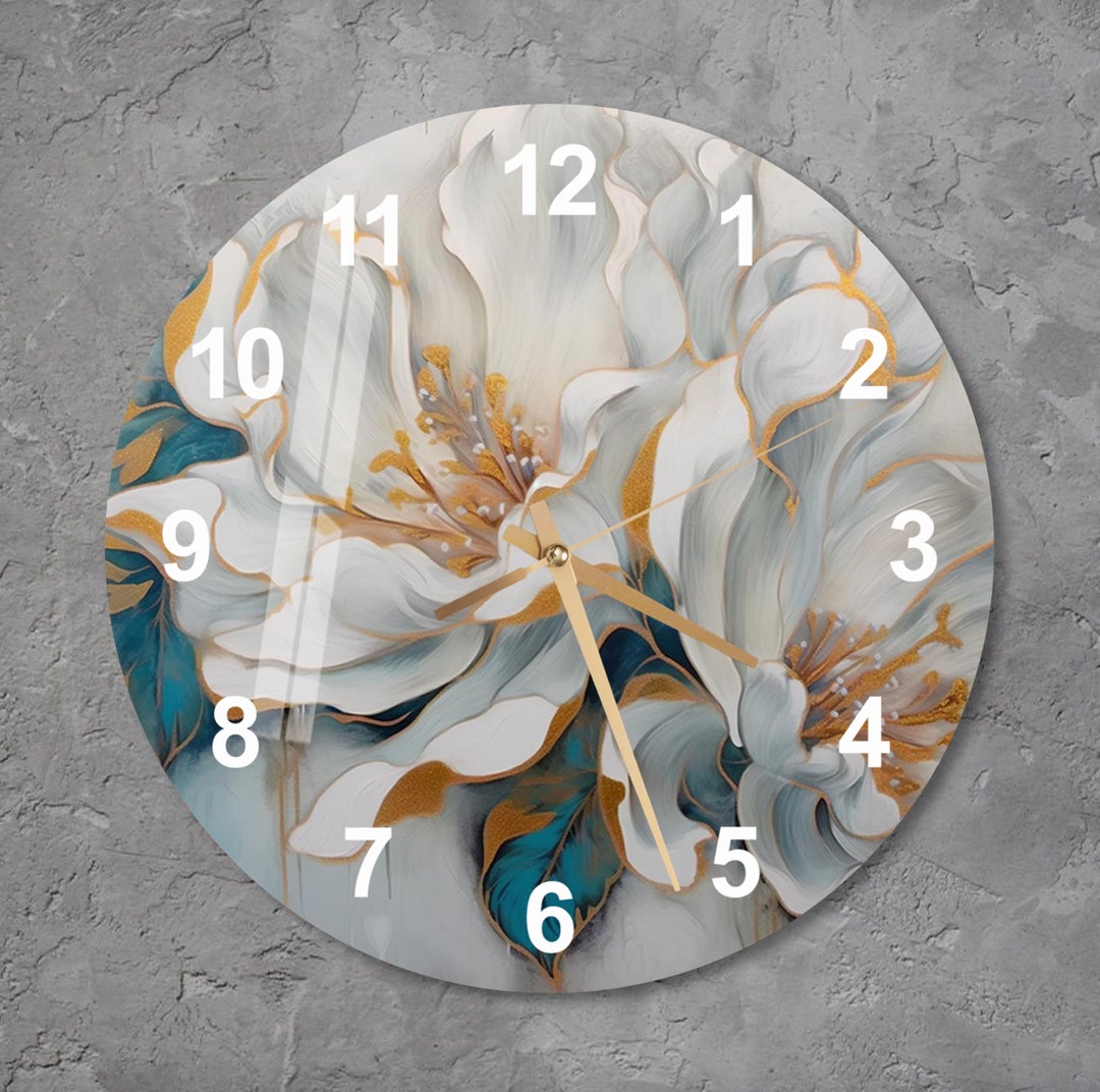Glass White Flower Wall Clock Wall Art, Floral Tempered Glass Wall ...