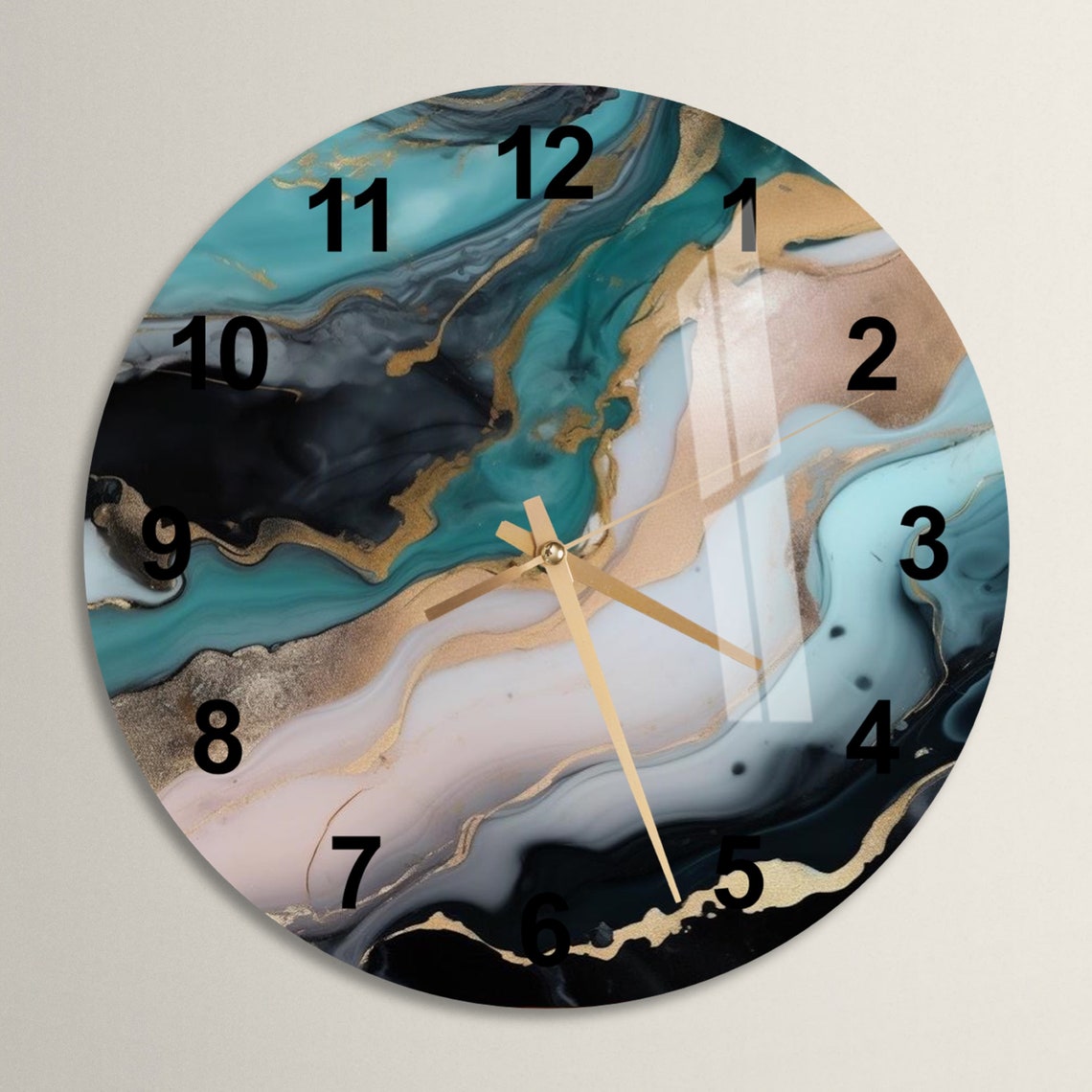 Glass Abstract Blue Wall Clock Wall Art, Gray Marble Style Tempered ...