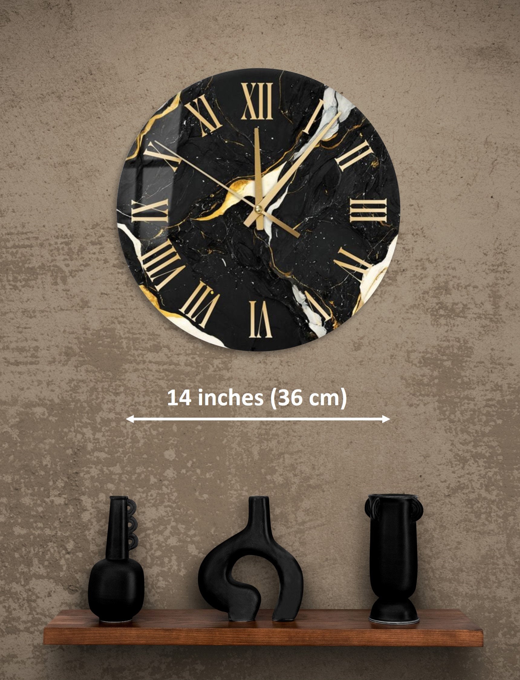 Glass Abstract Wall Clock Wall Art, Black Marbled Style Modern Roman ...