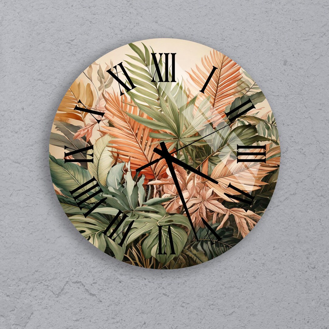 Glass Tropical Botanical Wall Clock, Tempered Glass Clock Featuring ...