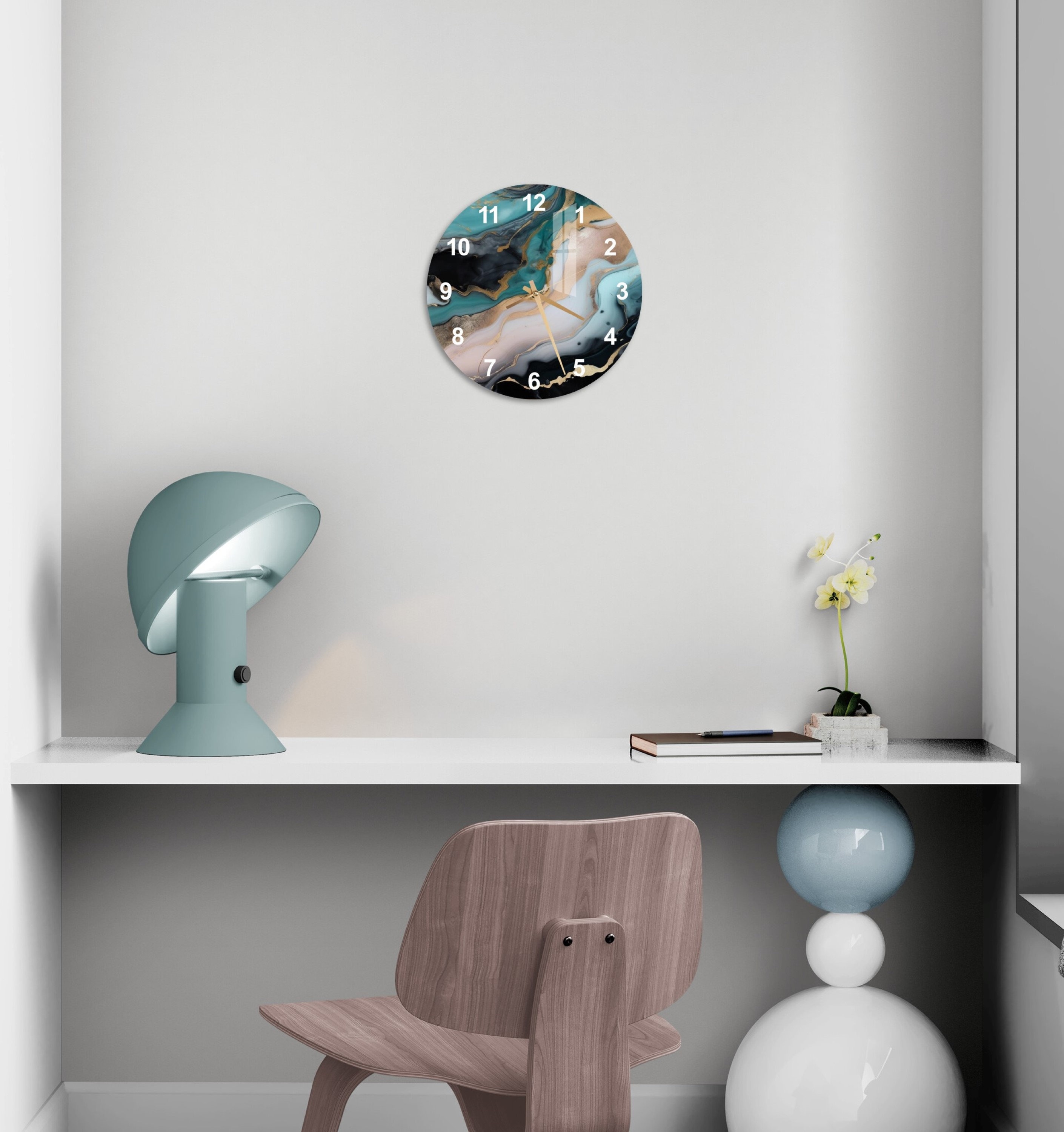 Glass Abstract Blue Wall Clock Wall Art, Gray Marble Style Tempered ...