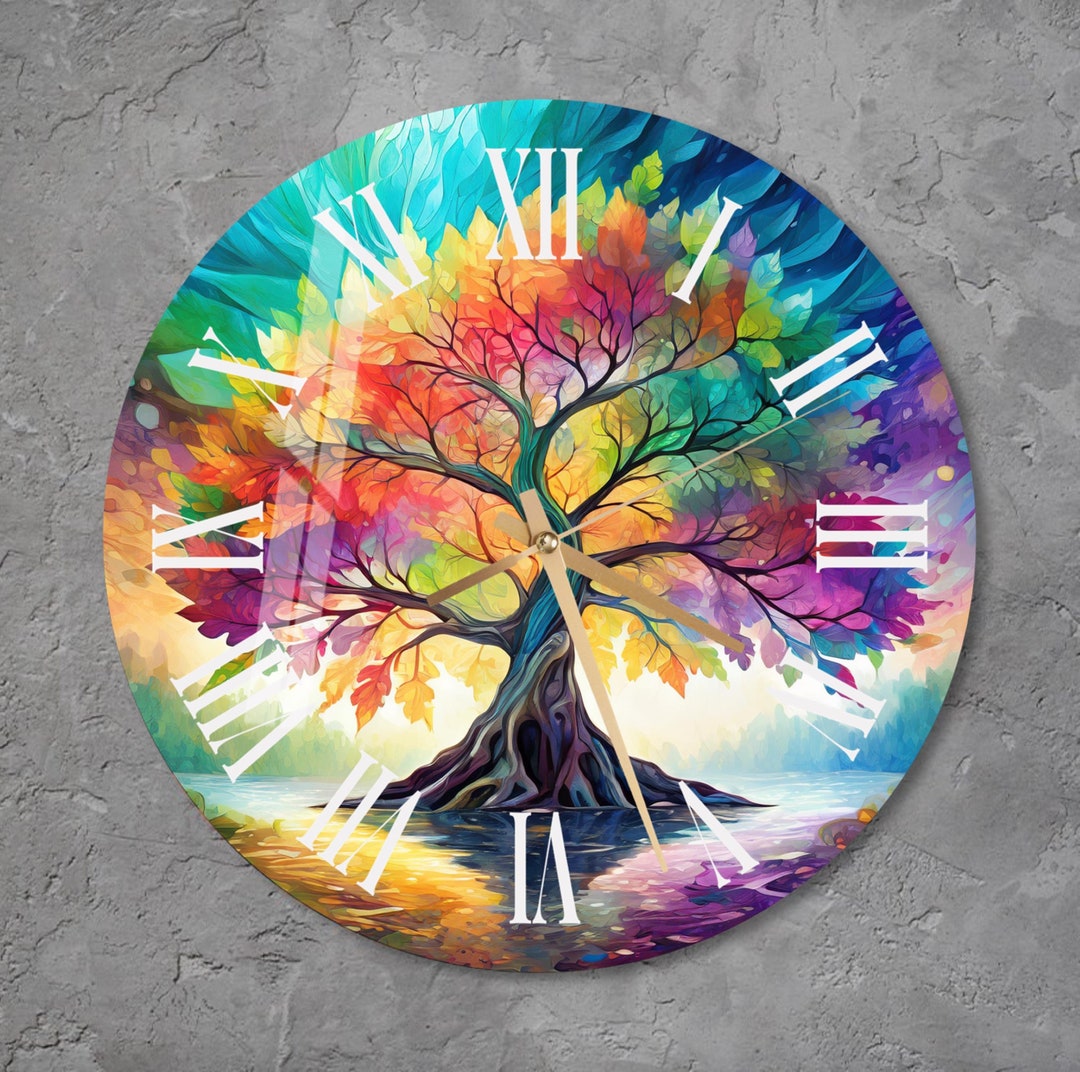 Glass Tree of Life Wall Clock Wall Art, Abstract Style Colorful ...