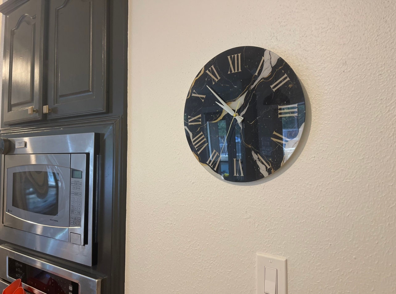 Glass Abstract Wall Clock Wall Art, Black Marbled Style Modern Roman ...