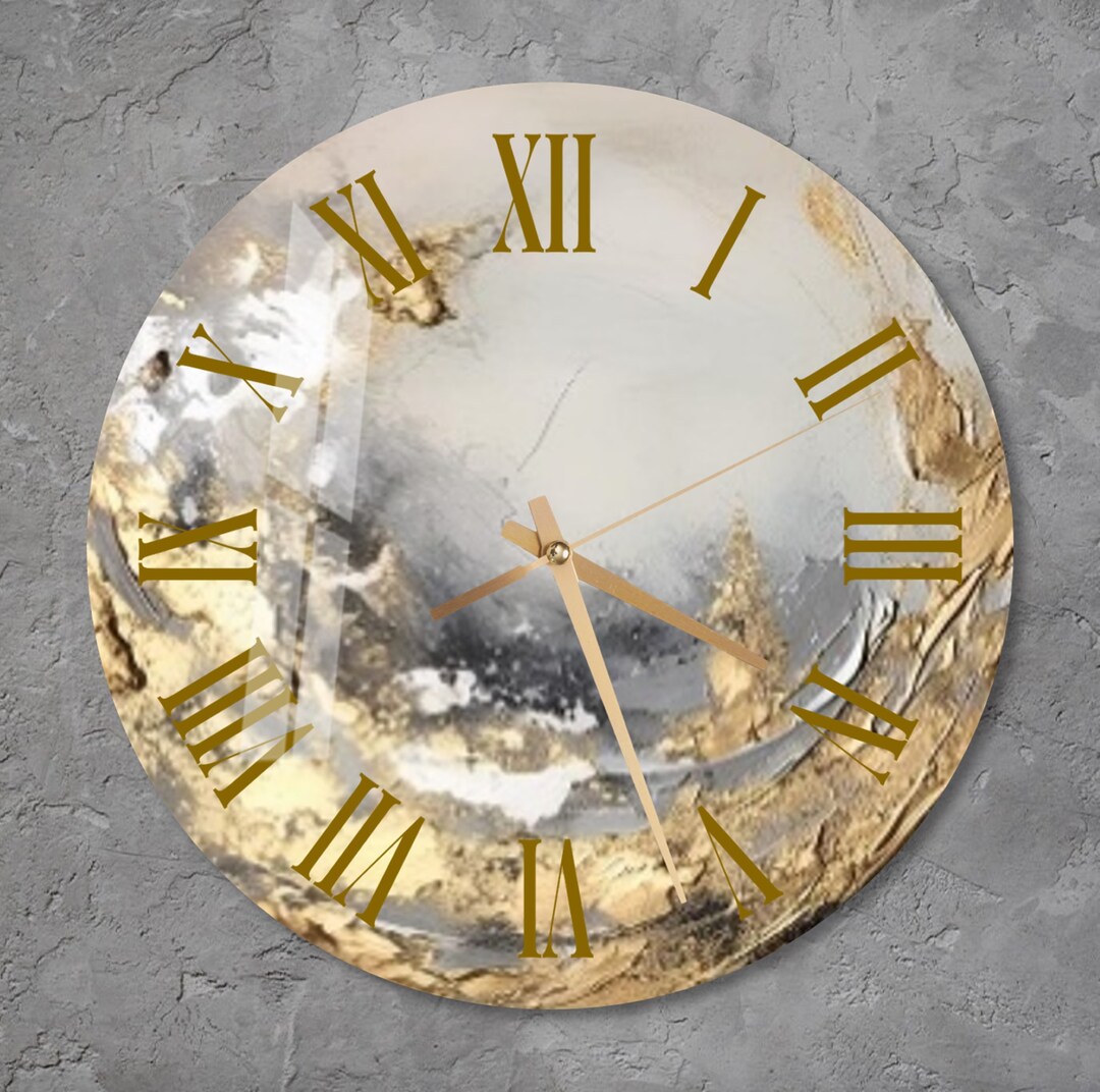 Glass Abstract Gold Wall Clock Wall Art, Gray Marble Tempered Glass ...
