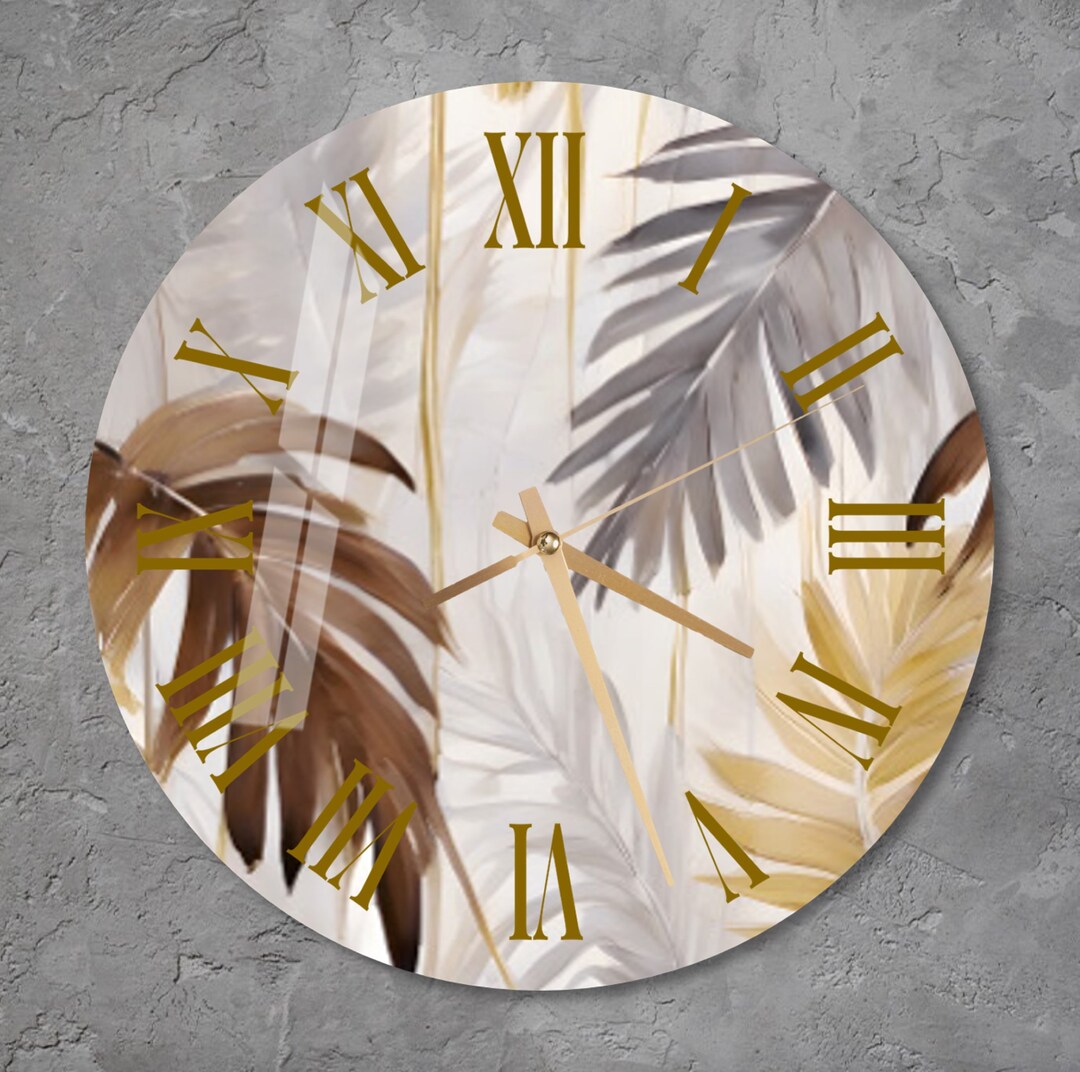 Glass Natural Wall Clock Wall Art, Leaves Tempered Glass Wall Clock for ...