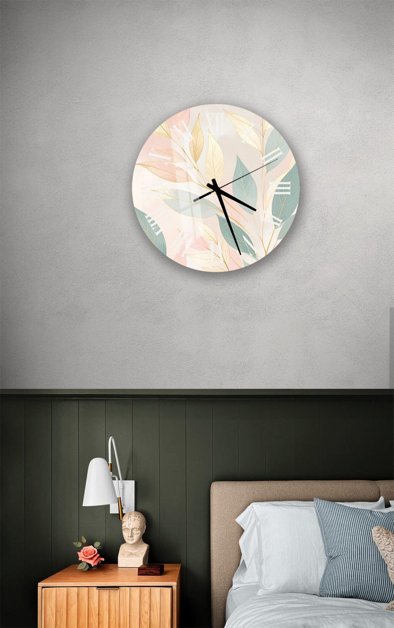Elegant Leaf Tempered Glass Wall Clock, Botanical Gold Art - Minimalist ...