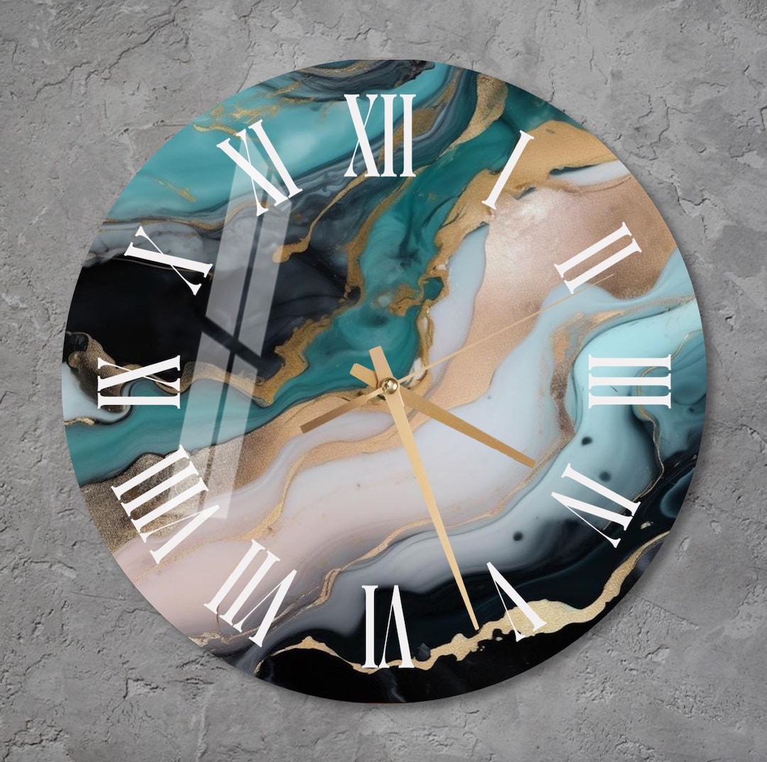 Glass Abstract Blue Wall Clock Wall Art, Gray Marble Style Tempered ...