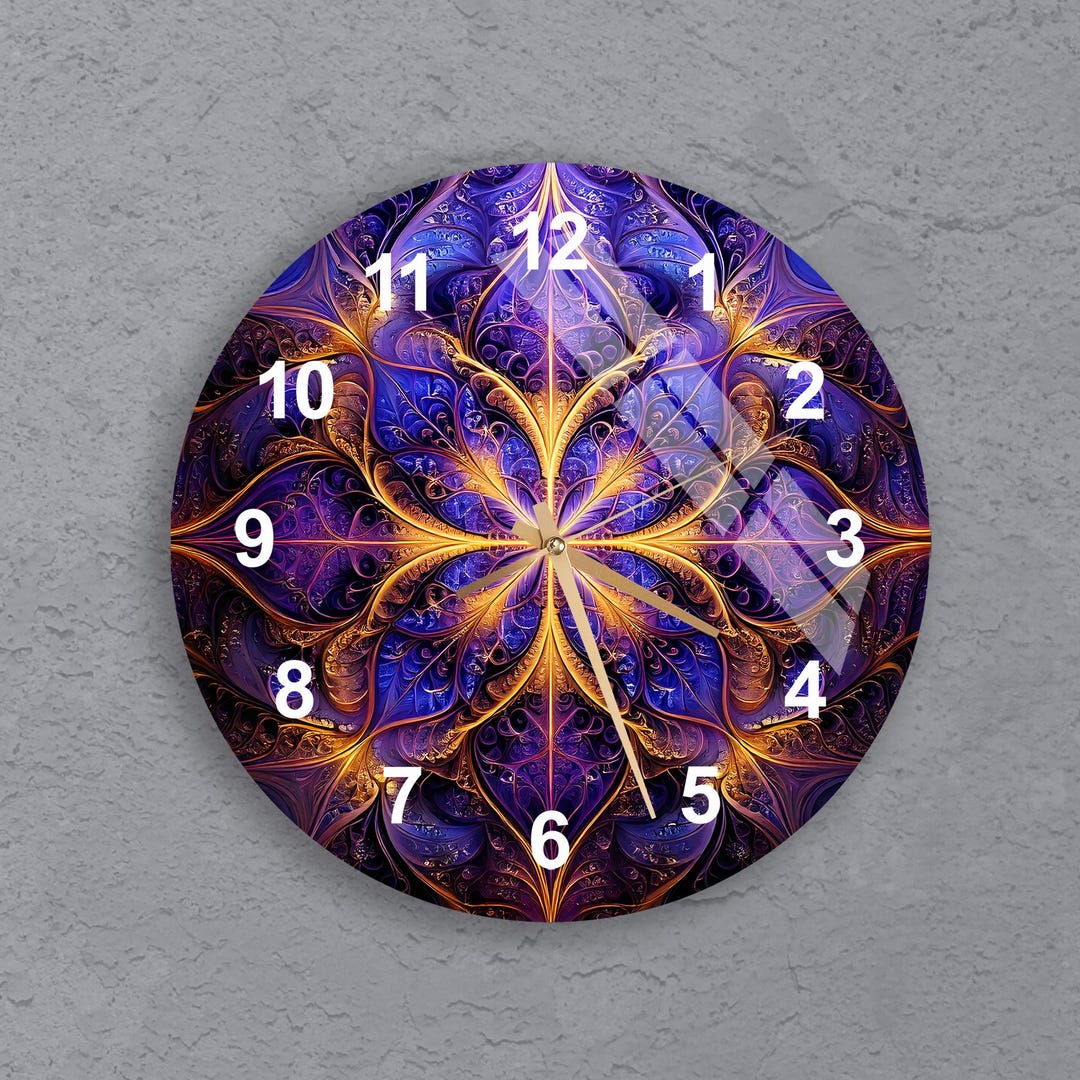 Purple Fractal Glass Wall Clock, Sacred Geometry Lotus Clock, Abstract ...