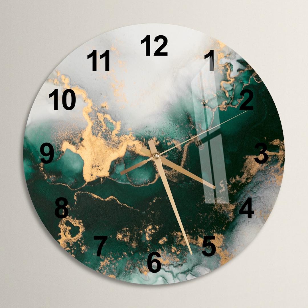 Tempered Glass Abstract Wall Clock Wall Art, Marbled Style Green Unique ...