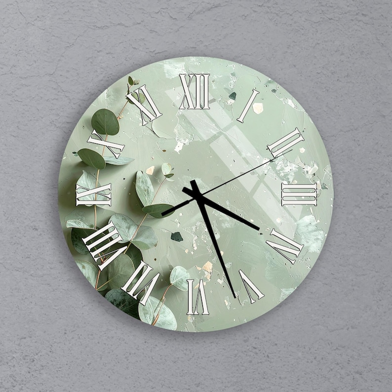 Sage Green Wall Clock, Eucalyptus Leaf Decor, Modern Farmhouse Art ...