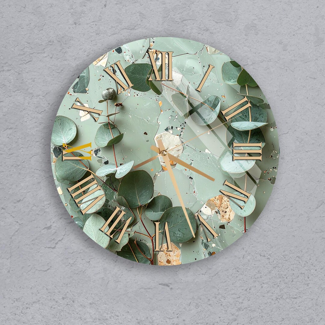 Eucalyptus Wall Clock, Green Botanical Art, Tempered Glass Decor ...