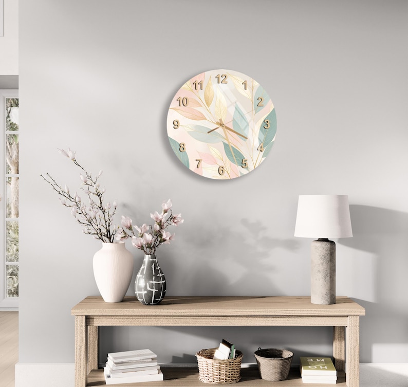 Elegant Leaf Tempered Glass Wall Clock, Botanical Gold Art - Minimalist ...
