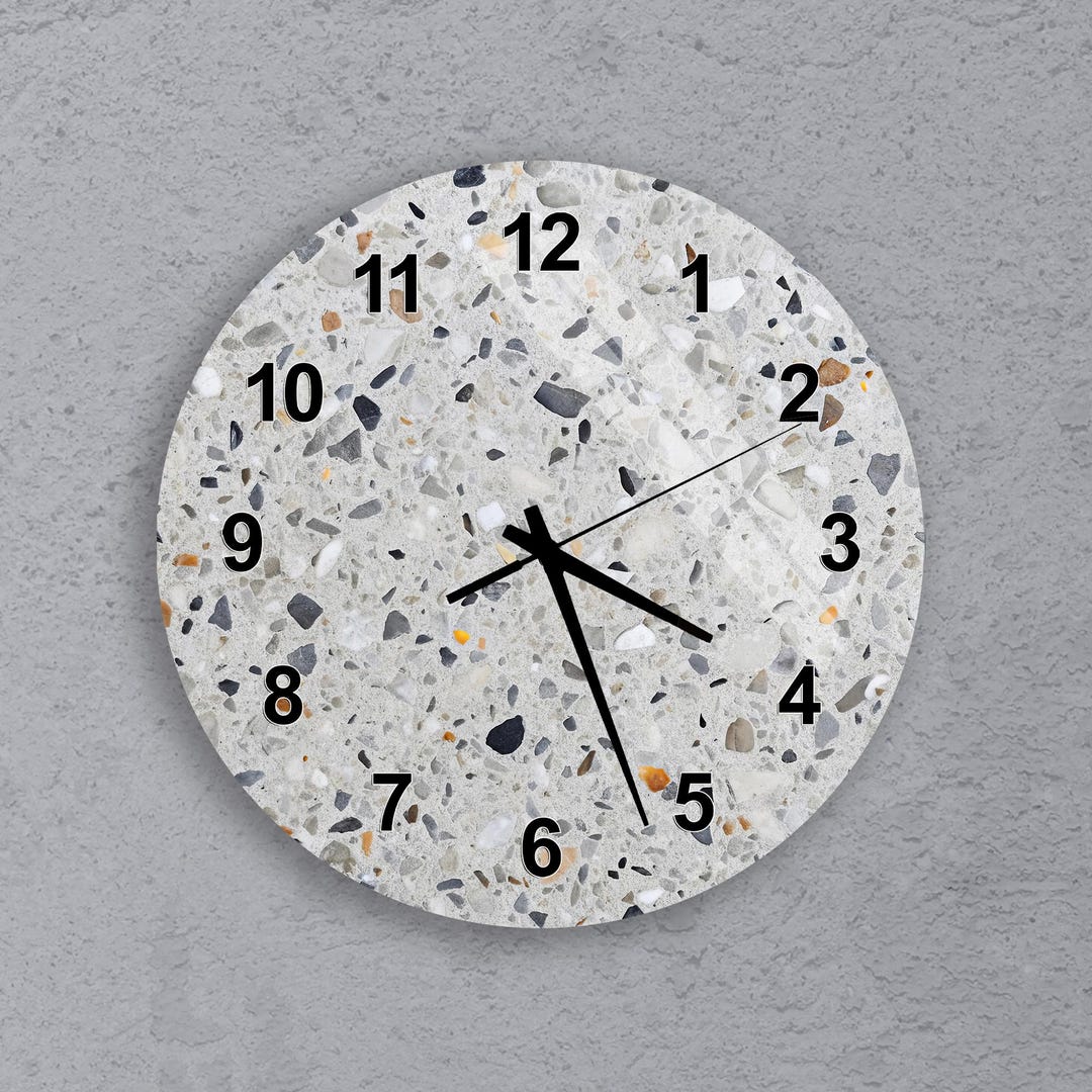 Terrazzo Wall Clock, Modern Stone Pattern, Tempered Glass Round ...