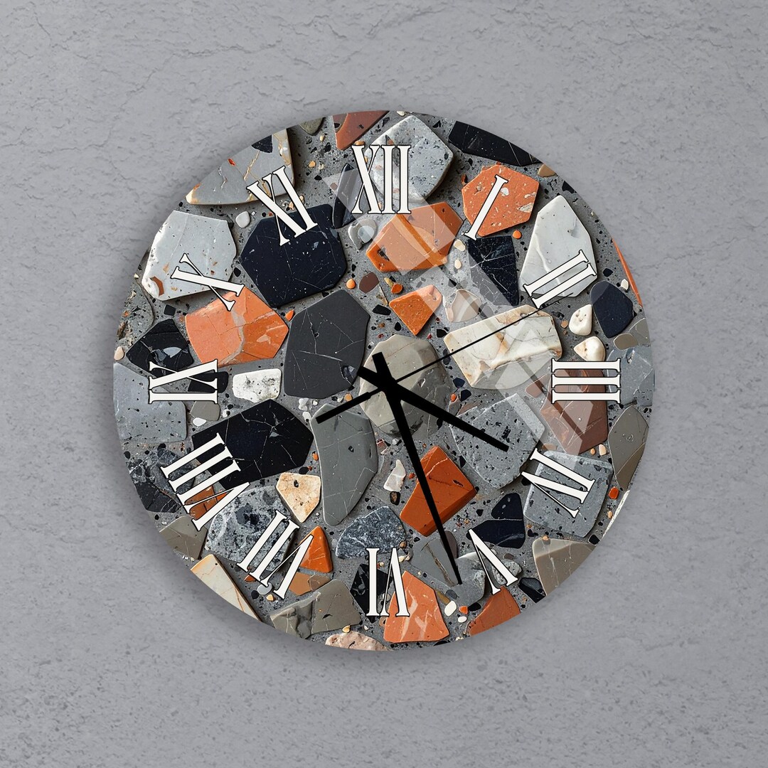 Terrazzo Wall Clock, Modern Stone Pattern Art, Tempered Glass Decor for ...