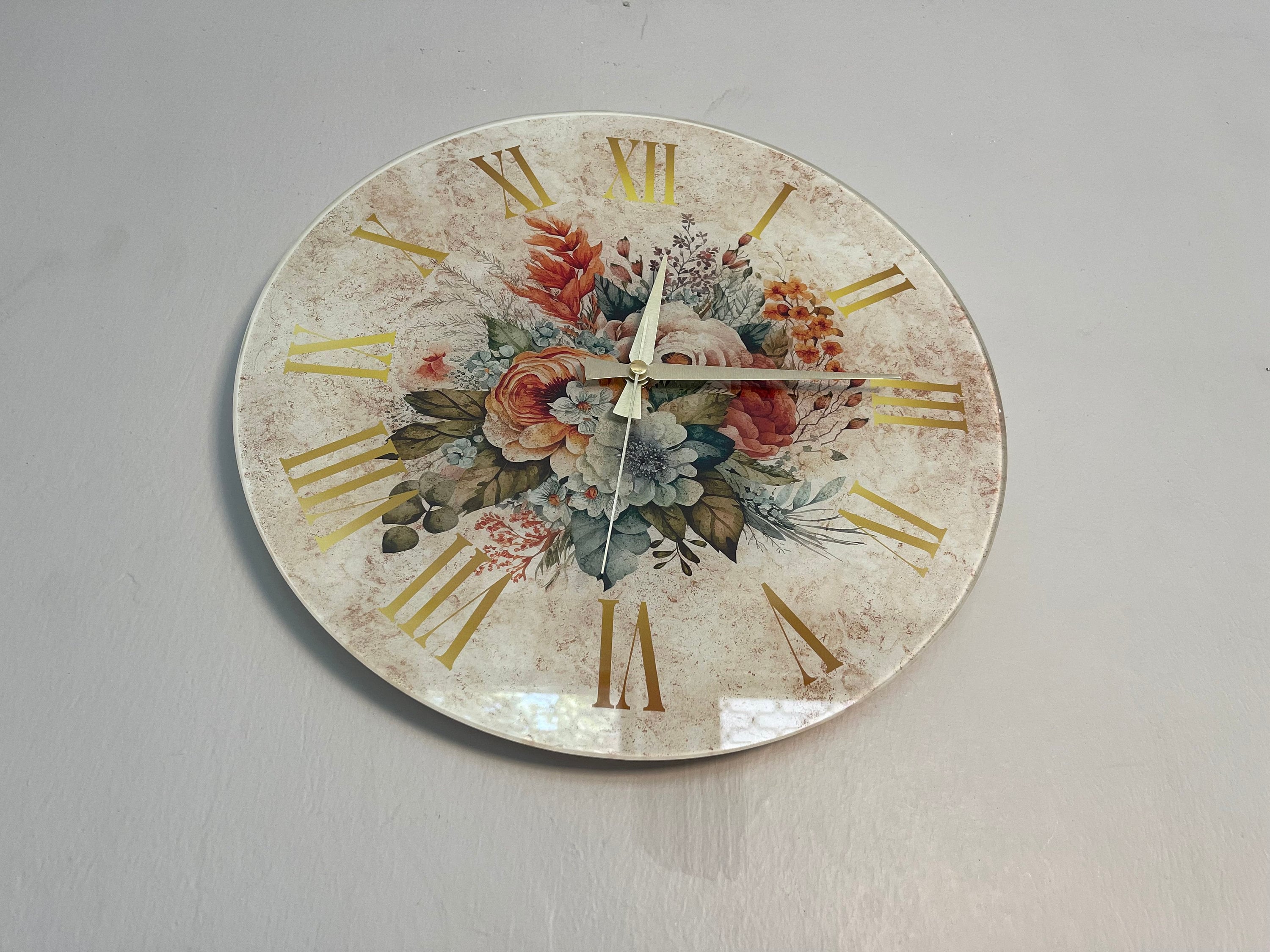 Glass Floral Wall Clock Wall Art, Rose Flowers Wall Clock, Housewarming ...