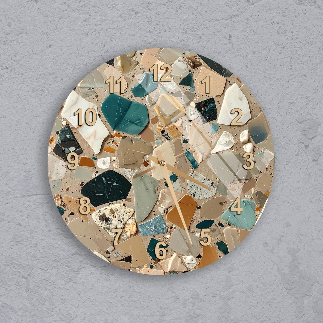 Terrazzo Wall Clock, Modern Stone Mosaic Decor, Tempered Glass Art ...