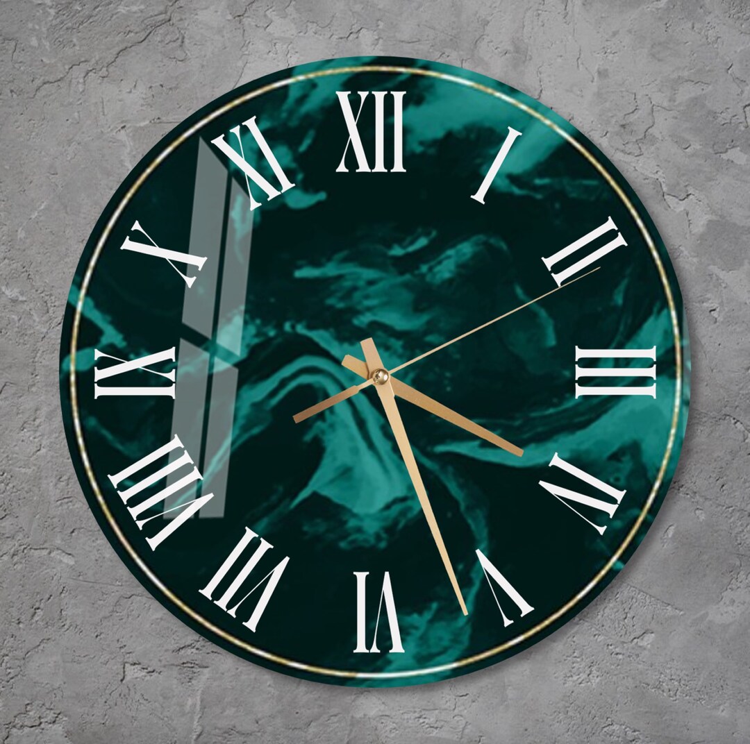 Glass Abstract Wall Clock Wall Art, Green Marble Style Tempered Glass ...