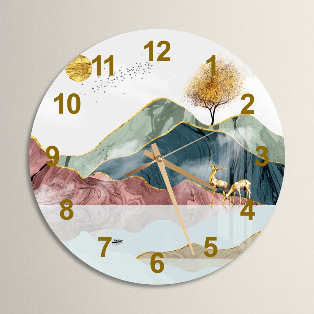 Glass Gold Nature Wall Clock Wall Art, Modern Landscape Tempered Glass ...