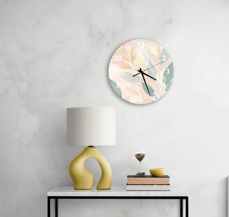 Elegant Leaf Tempered Glass Wall Clock, Botanical Gold Art - Minimalist ...