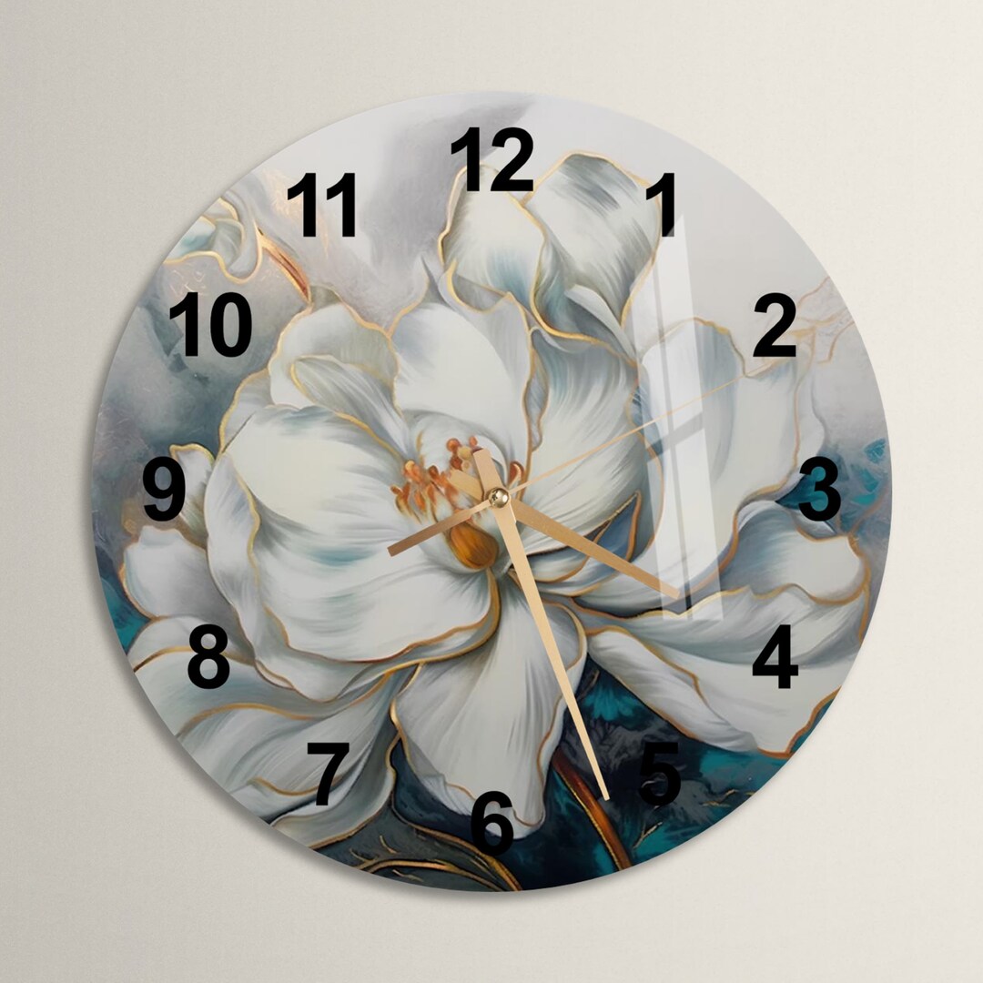 Glass White Flower Wall Clock Wall Art, Floral Tempered Glass Wall ...