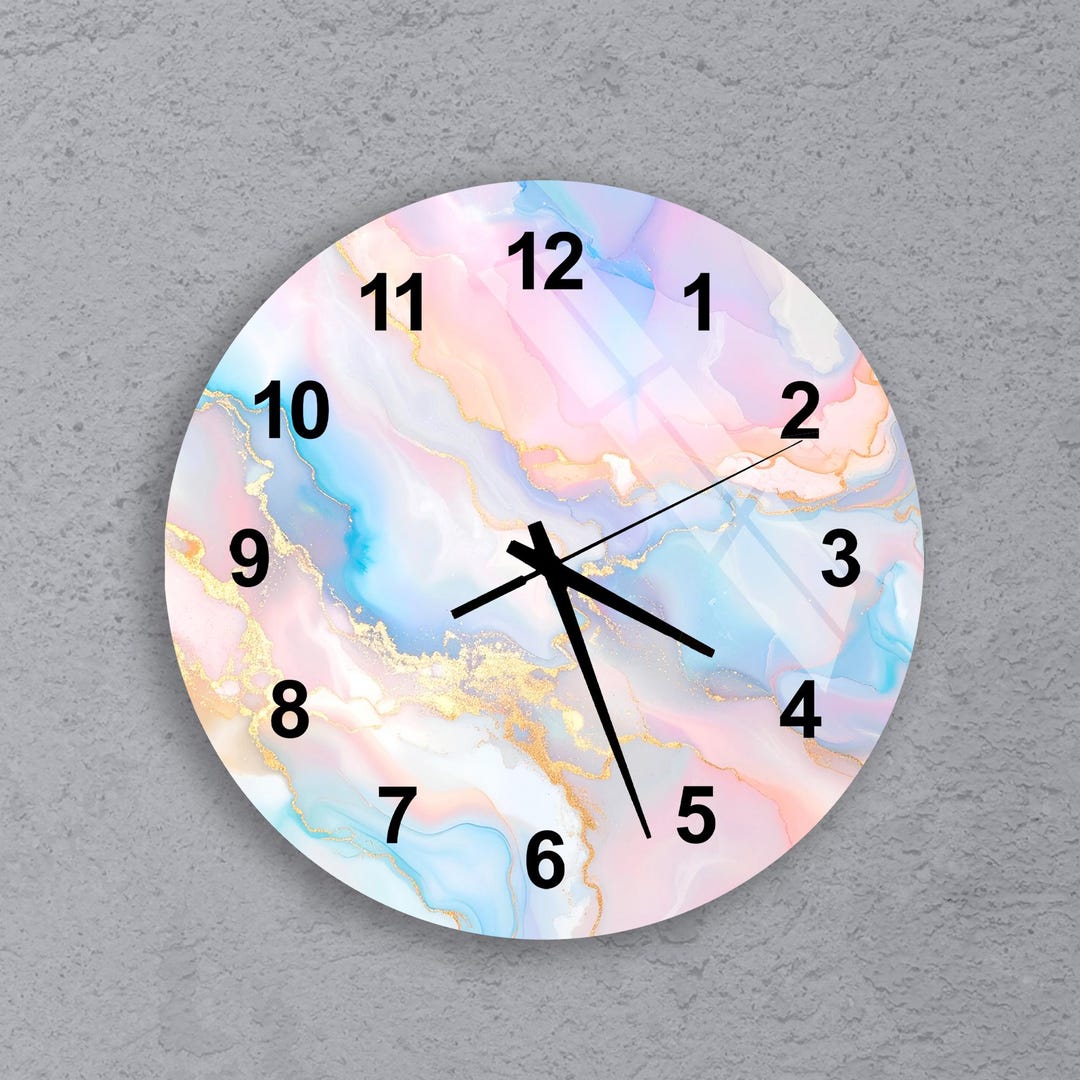 Pastel Marble Tempered Glass Wall Clock, Holographic Gold Glitter Art ...